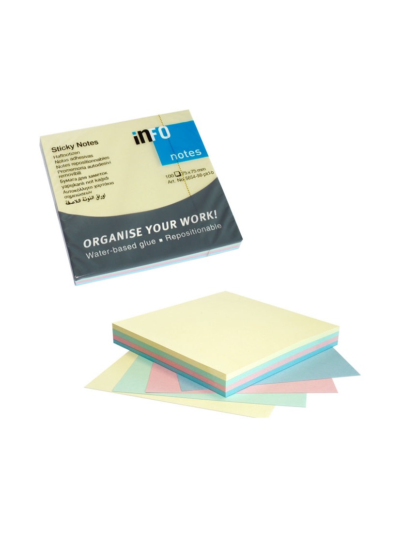 INFO NOTES ΧΑΡΤΑΚΙΑ 4 ΧΡΩΜΑΤΑ ΠΑΣΤΕΛ ΑΣΟΡΤΙ 75X75MM 100Φ - Delendas.gr